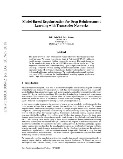 (PDF) Model-Based Regularization for Deep Reinforcement Learning with Transcoder Networks