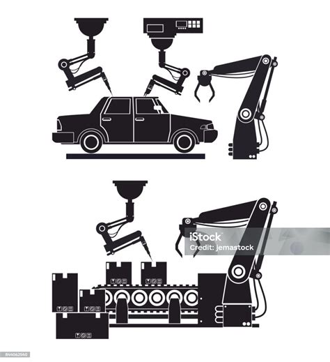 자동화 된 생산 라인 로봇 공장 배너 실루엣 팔 신체 부분에 대한 스톡 벡터 아트 및 기타 이미지 팔 신체 부분 건설 산업 고객 서비스 담당자 Istock