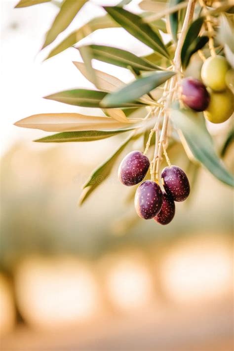 Fresh Olives On Tree Branch With Soft Background In Sunlit Olive Grove