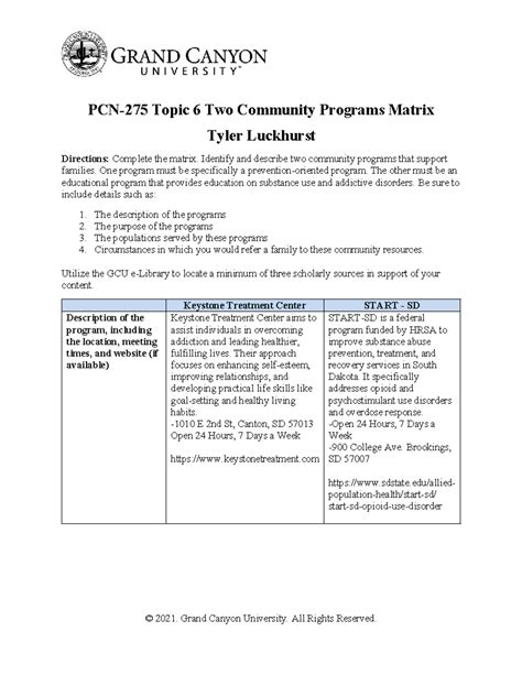 Pcn 275 Rs T6two Community Programs Matrix Assignment Pcn 275 Topic 6