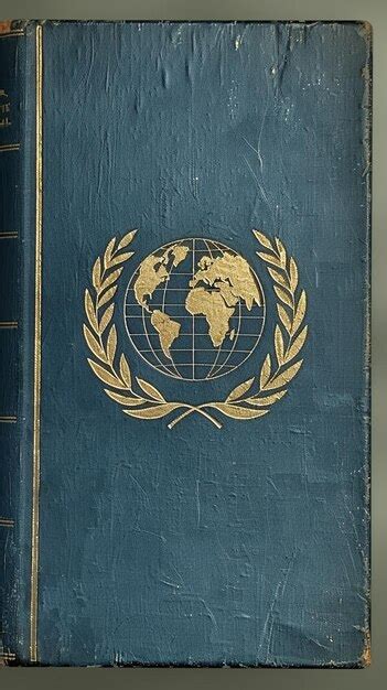Vintage Blue Leather Book Cover With Gold Global Emblem And Laurel