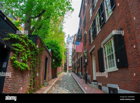 Acorn Street With Cobblestone And Historic Row Houses On Beacon Hill In