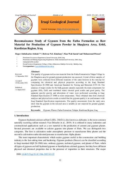 Pdf Reconnaissance Study Of Gypsum From The Fatha Formation As Raw Material For Production Of