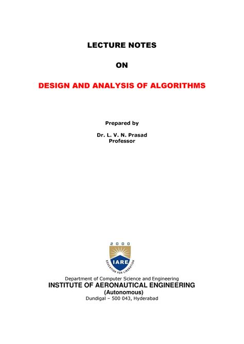 Daa Notes By Dr L V Narasimha Prasad 0 Lecture Notes On Design And