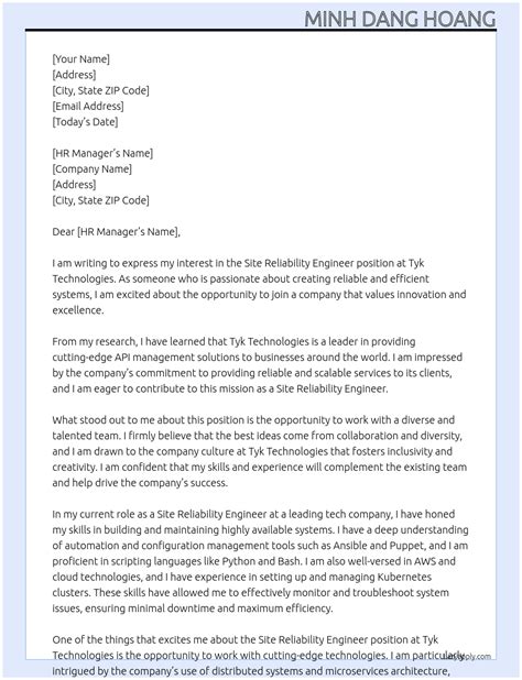 Cover Letter For Site Reliability Engineer Lazyapply
