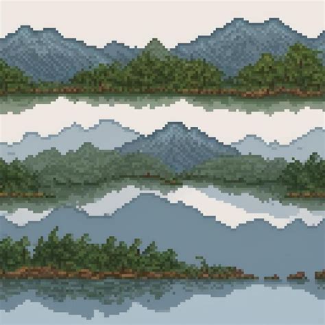 Pixel Art Cross Stitch Pattern Featuring A Serene Lake And Majestic