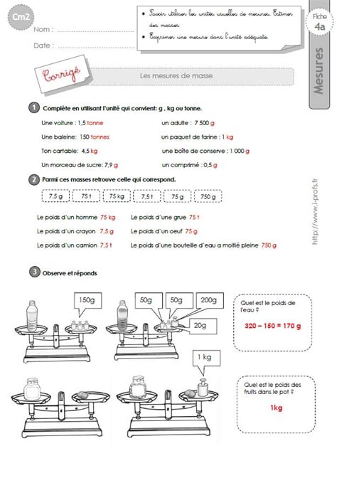 Cm2 Exercices Les MESURES DE MASSES