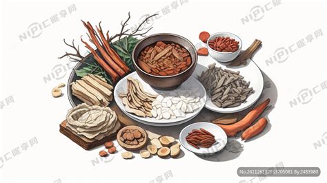 Ai创作图我需要一副版画 以中药处方为底图。底图上有一个白色的碗碗里面有半碗棕色的水 碗边有几种中药材人参 枸杞 灵芝 还有一个木头勺子