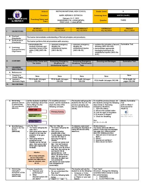 3q Dll Health9 Week1 Pdf First Aid Teachers