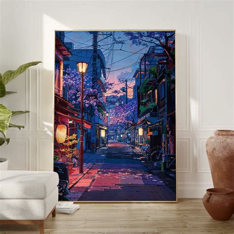 Anime Street Poster Sunset Sakura Alleyway Art Japanese Wall Art