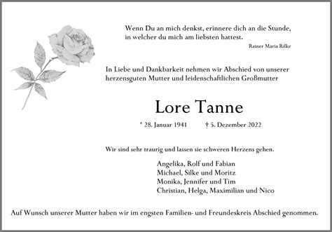 Traueranzeigen Von Lore Tanne Sich Erinnern De