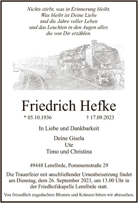 Traueranzeigen Von Friedrich Hefke Trauer Kreiszeitung De