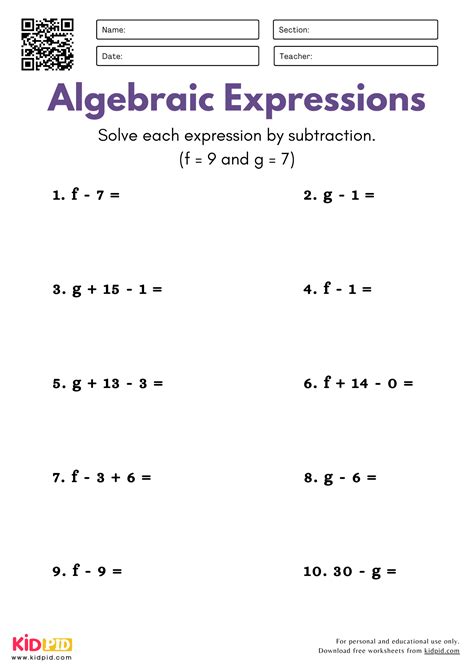 Algebraic Expressions With One Variable By Subtraction Worksheet For