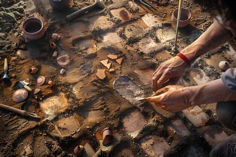 Archaeologist Uncovering Ancient Pottery Shard At Historical Excavation