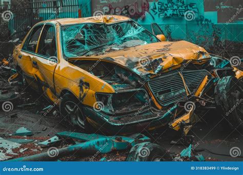 Wrecked Yellow Taxi With Graffiti Background Stock Image Image Of