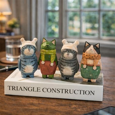 Handmade Wooden Cat Figurine Set Hand Carved Cat Statues Cute