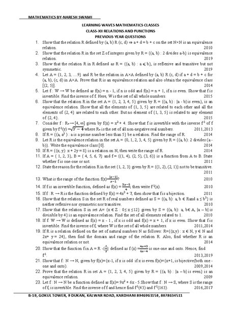 Pyq Relations These Are Some Question Of Relation And Functions Mathematics By Naresh Swami