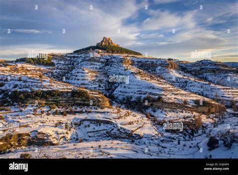 Morella Medieval City Aerial View In A Winter Sunset After A Snowfall