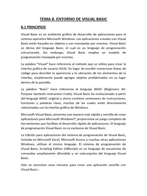 Tema 8 Entorno De Visual Basic Pdf Básico Desarrollo De Software
