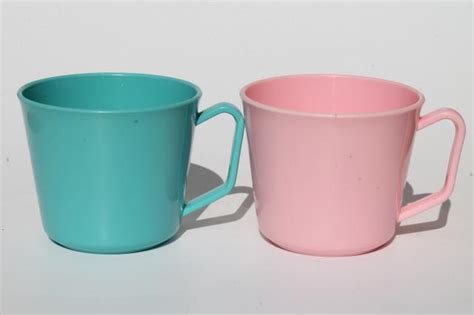 Mismatched Collection Of Vintage Melmac Plastic Mugs And Glasses Pink