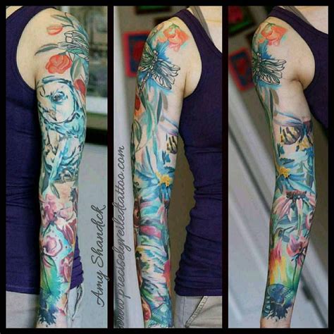 Colorful Watercolor Sleeve Tattoo By Christina