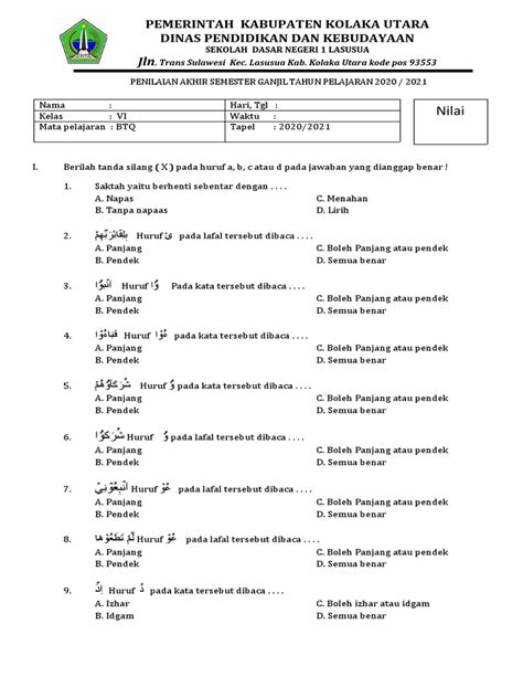 Soal Btq Kelas 6 Pdf