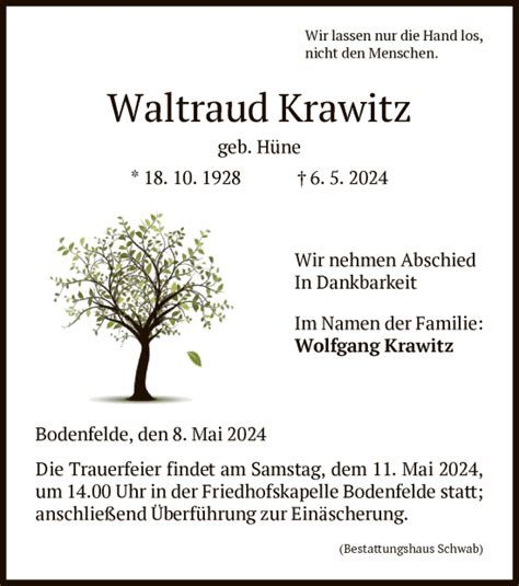 Traueranzeigen Von Waltraud Krawitz Trauerhnade