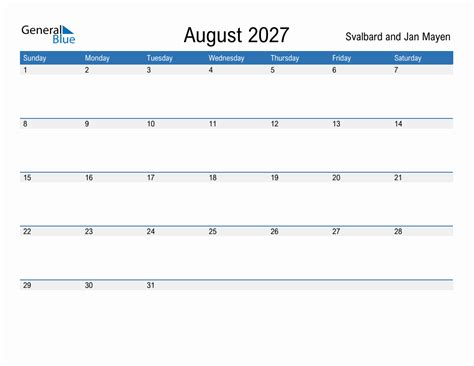 August 2027 Monthly Calendars With Svalbard And Jan Mayen Holidays