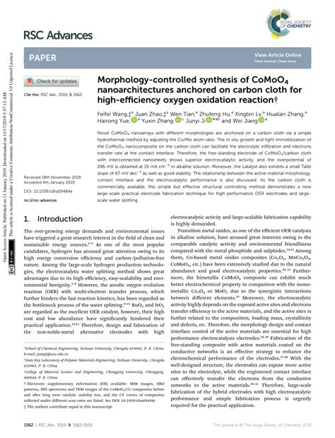 Pdf Morphology Controlled Synthesis Of Comoo 4 Nanoarchitectures Anchored On Carbon Cloth For