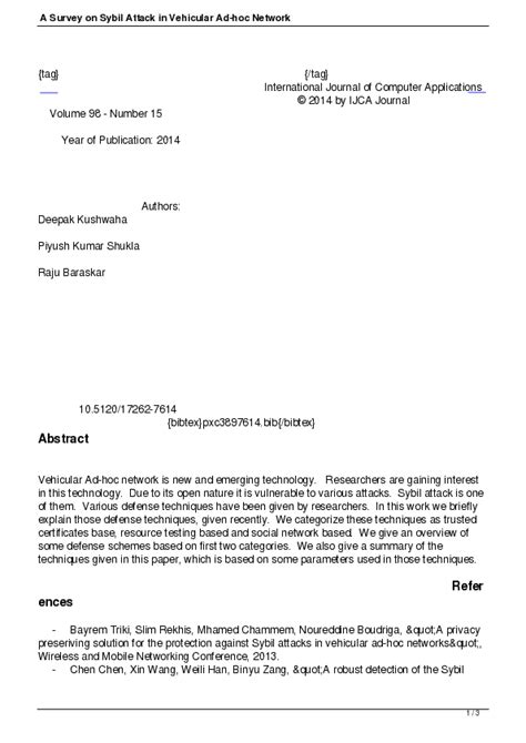 Pdf A Survey On Sybil Attack In Vehicular Ad Hoc Network