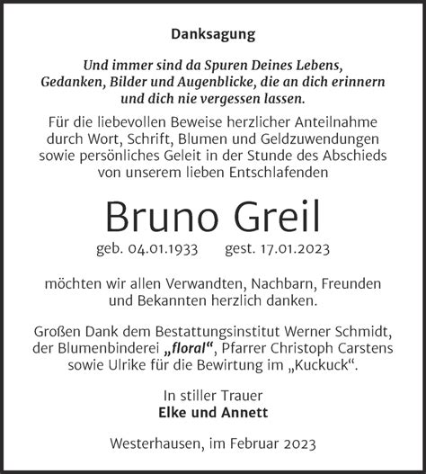 Traueranzeigen Von Bruno Greil Abschied Nehmen De