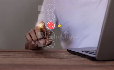 Customer Review Young Man With Laptop Hand Touch To Review And Gives 1