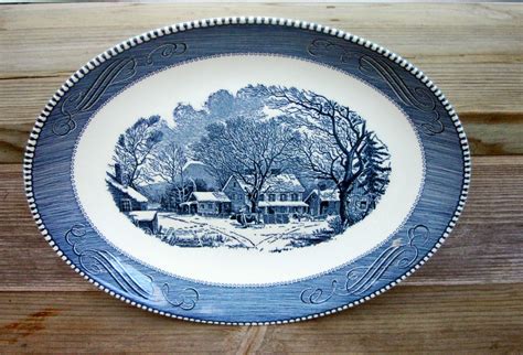 Old Inn Currier And Ives Blue Oval Platter Vintage Dishes
