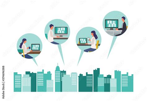 Telecommuting Concept Vector Illustration Of People Having Communication Via Telecommuting