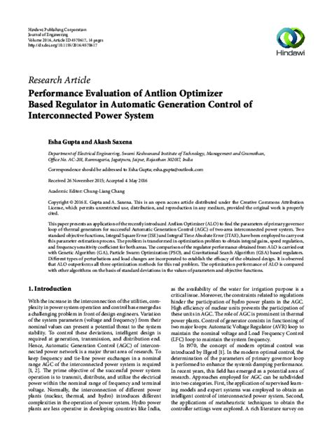 Pdf Performance Evaluation Of Antlion Optimizer Based Regulator In Automatic Generation