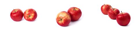 흰색 배경에 빨간 사과 세트입니다 흰색 배경에 노란색 반점이있는 붉은 색의 수분이 많은 사과 육즙이 빨간 사과의 구성 0명에