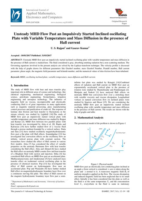 Pdf Unsteady Mhd Flow Past An Impulsively Started Inclined Oscillating Plate With Variable
