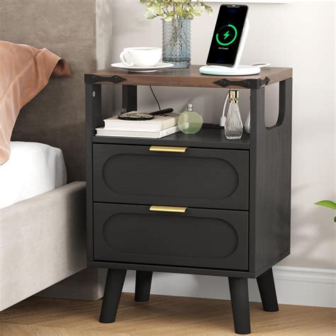 Nightstand With Charging Station Led Modern Black Nightstand With 2