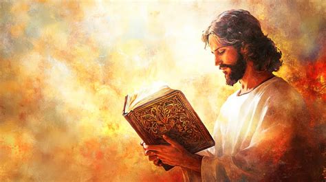 Jesus Christ Reading Glowing Ancient Scripture With Golden Light And