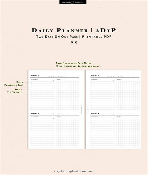 Daily Planner Printable A5 Size 2d1p Two Days On One Page Diary A5