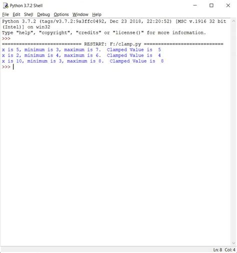 screenshot of running python code for clamp py in windows 10 taken on