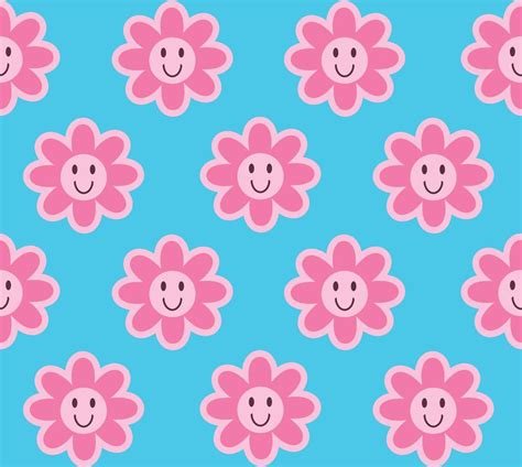 Cute Seamless Pattern Background With Smiling Daisy Flower In Pink