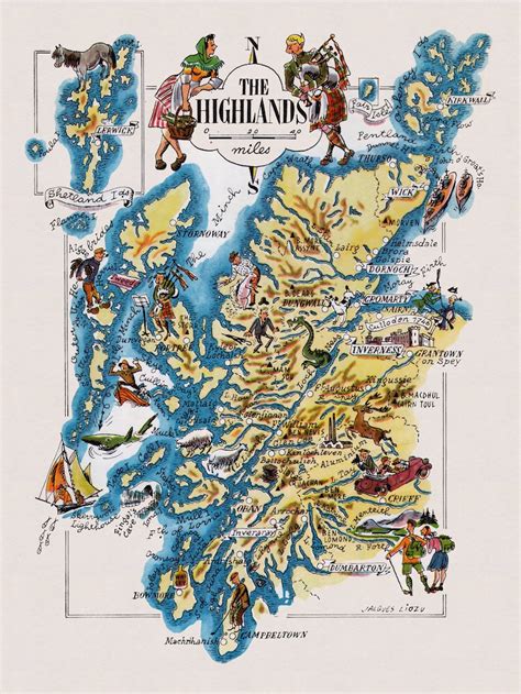 Map Of The Scottish Highlands Pictorial Print Lerwick Etsy