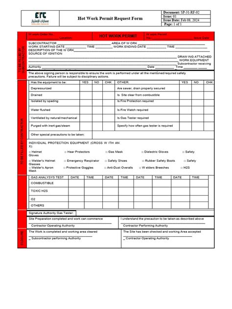 Sp 31 Rf 02 Hot Work Permit Request Form Pdf Occupational Safety