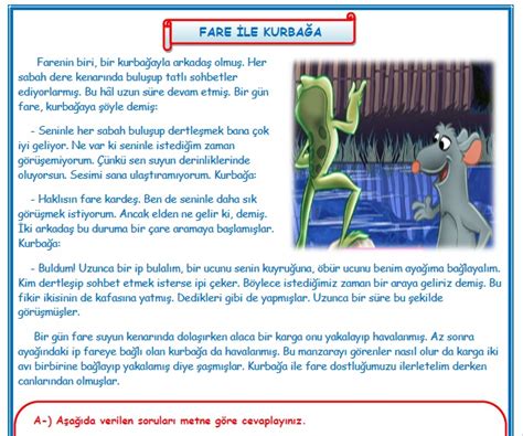 2 Sınıf Türkçe Fare Ile Kurbağa Okuma Anlama Metin Çalışması Meb Ders