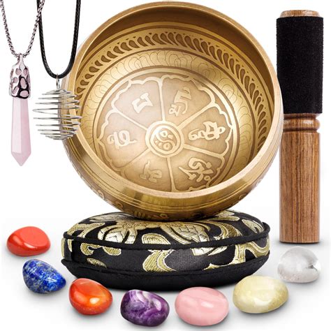Tibetan Singing Bowl Set 7 Chakra Healing Crystal Stones
