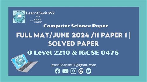 Full Igcse 0478 O Level Computer Science 2210 Mayjune 2024 11
