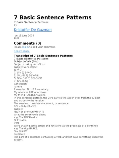 7 Basic Sentence Patterns Pdf Object Grammar Verb