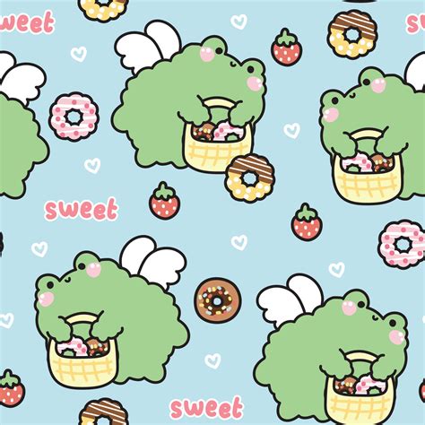 Seamless Pattern Of Cute Frog Angels Flying Hold Donut Basket