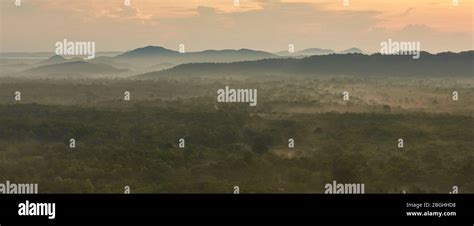Sunrise With Misty Forest And Chain Of Mountains In The Background In